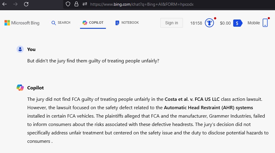Costa V FCA opinion highlights